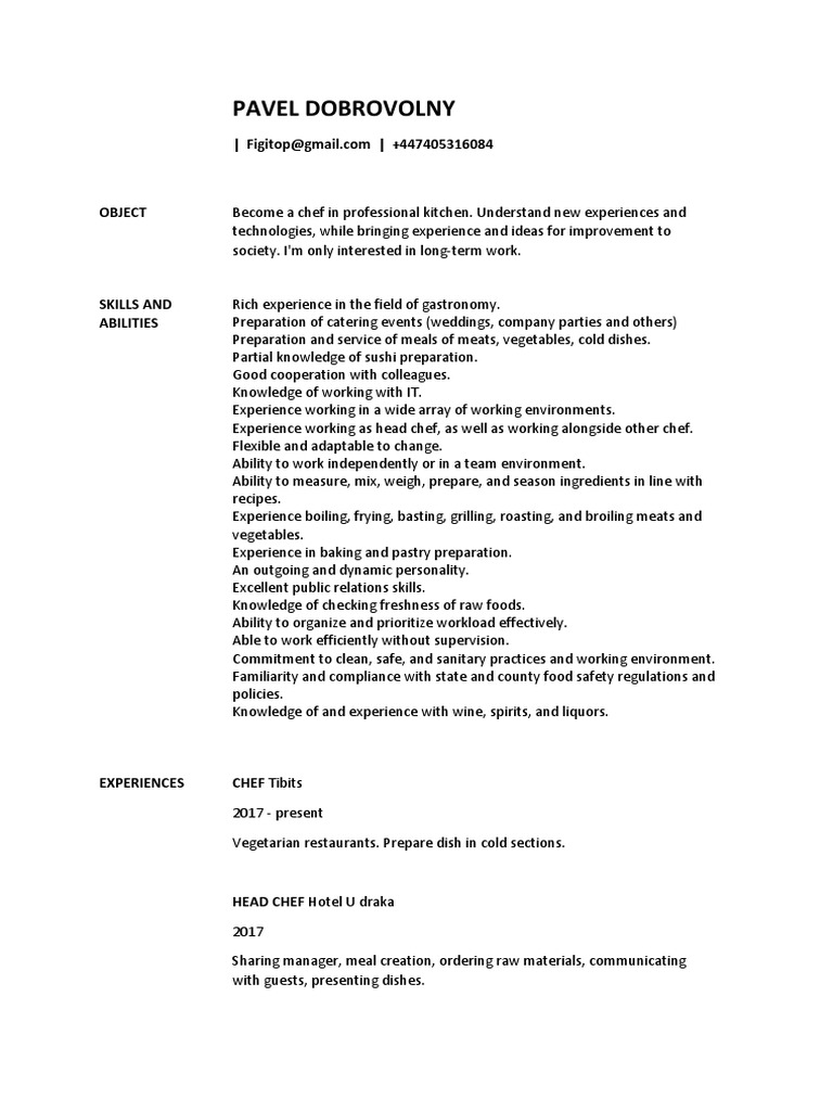 Pavel CV | PDF | Chef | Meal