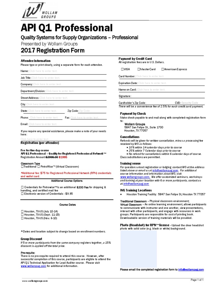 API Q1 Professional: 2017 Registration Form | PDF | Distance Education ...