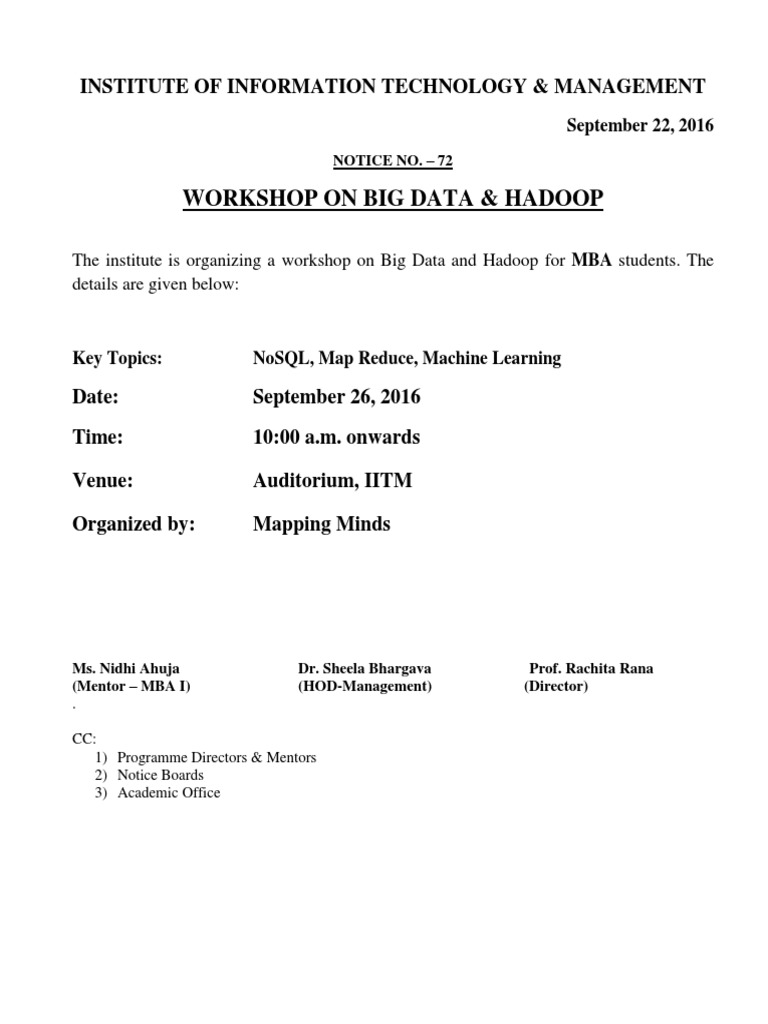 Workshop On Big Data & Hadoop: Institute of Information Technology & Management | PDF