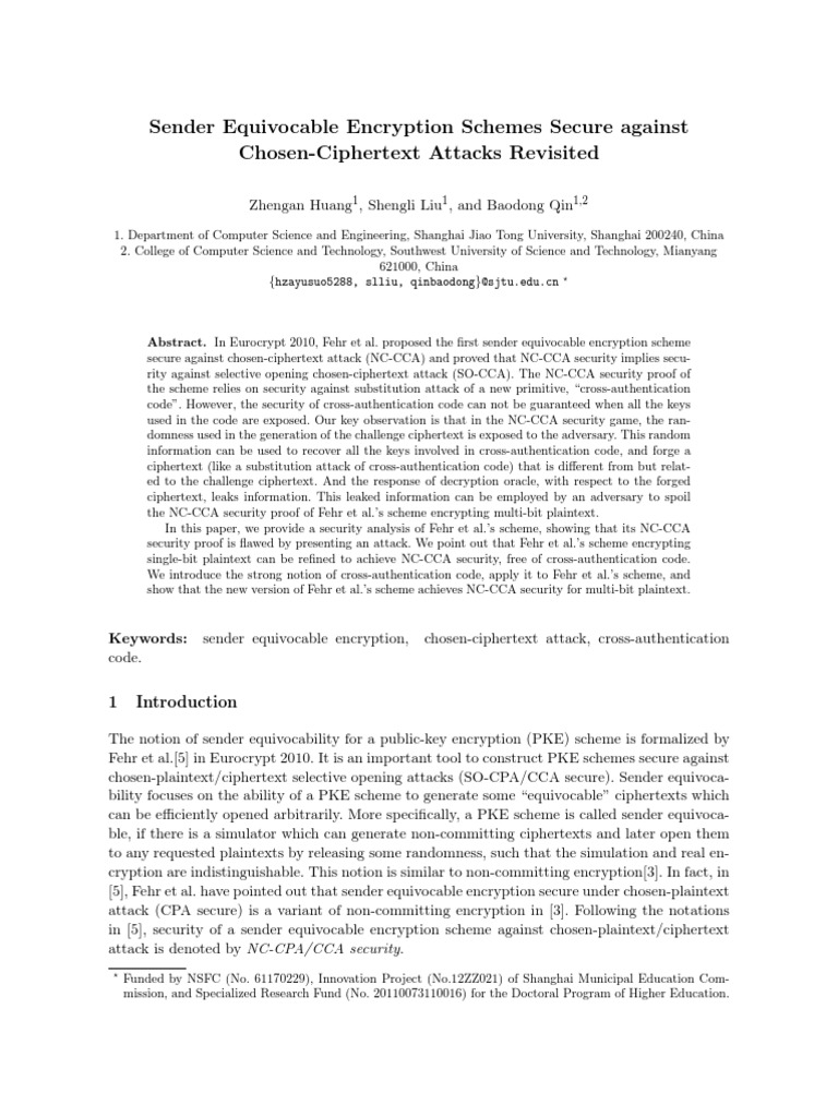 Sender Equivocable Encryption Schemes Secure Against Chosen-Ciphertext Attacks Revisited | PDF ...