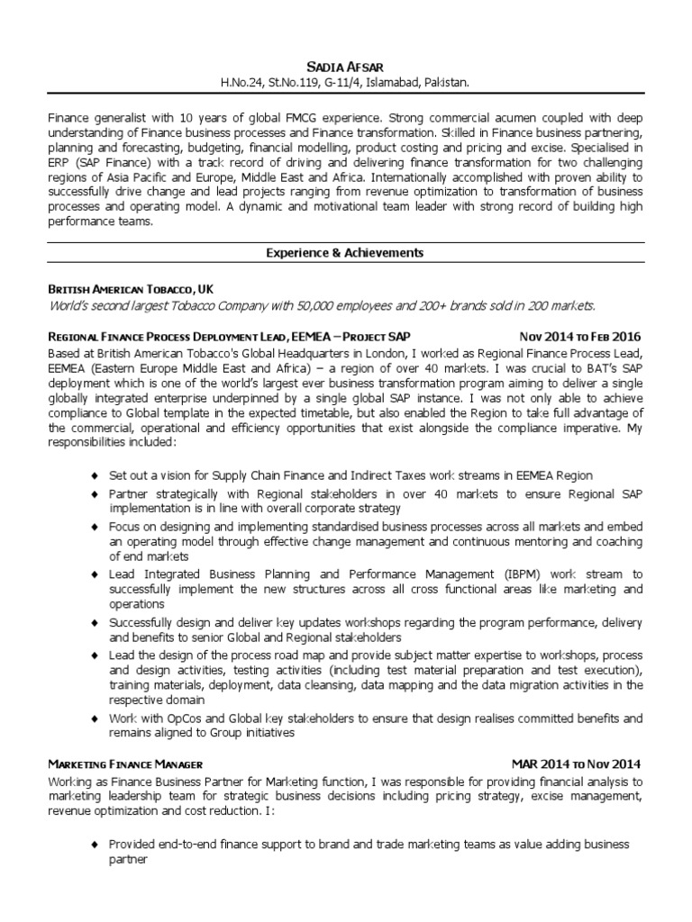 Sadia Afsar CV - Final | PDF | Supply Chain | Marketing