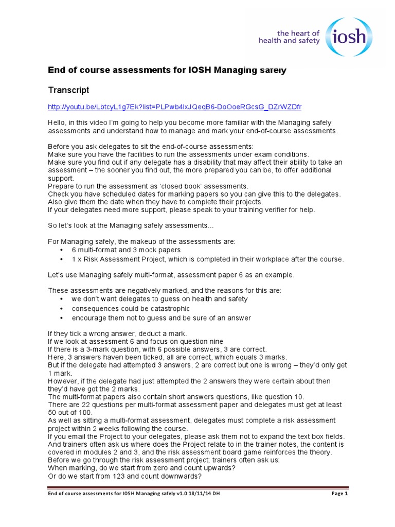 End of Course Assessments For IOSH Managing Safely Transcript | PDF ...
