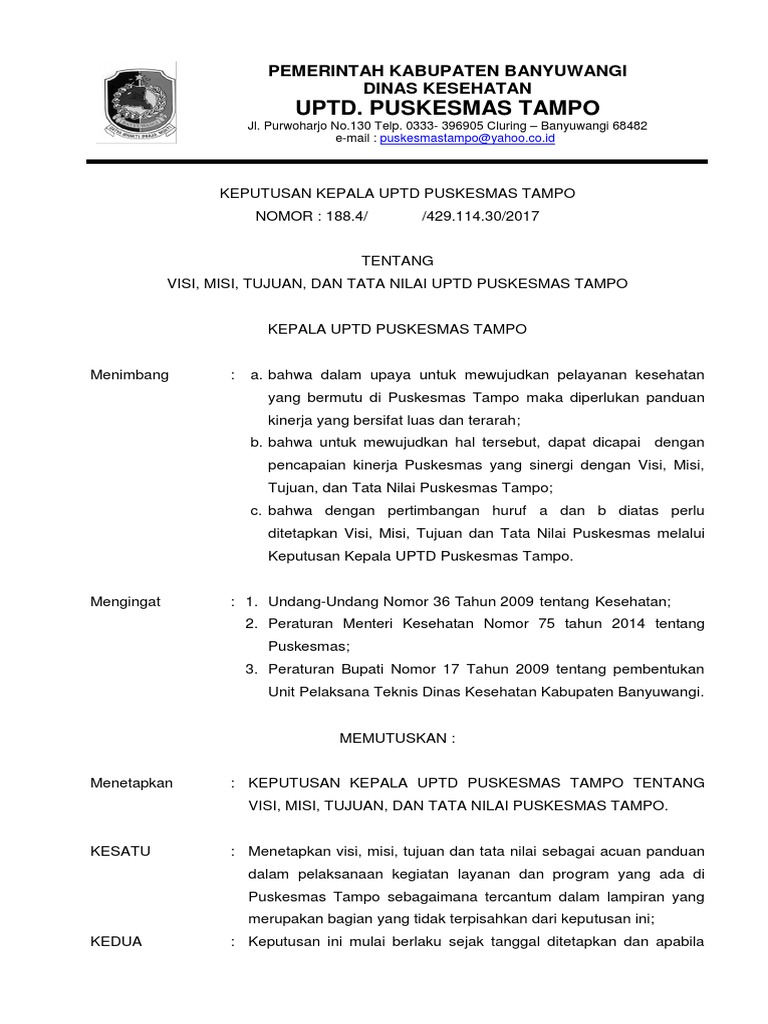 Ep 1 SK Visi, Misi, Tujuan Dan Tata Nilai Puskesmas Tampo | PDF