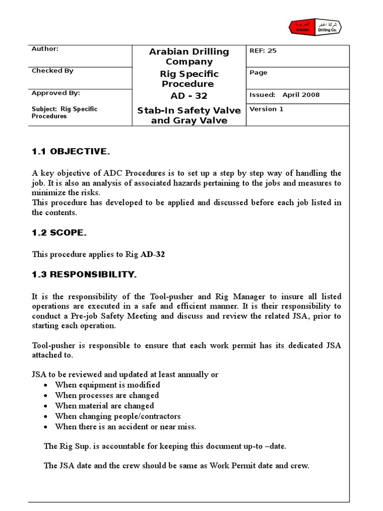 Rig Specific Procedure for Safely Stabbing-In a Safety Valve and Gray ...