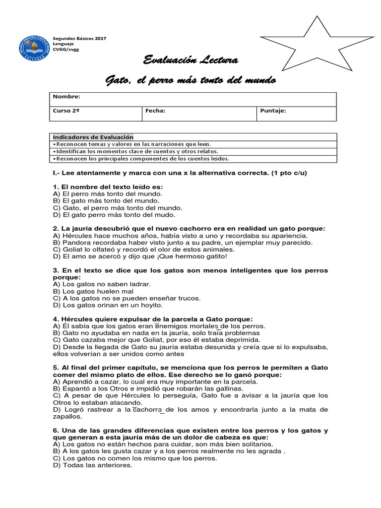 Evaluación Lectura Gato El Perro Más Tonto Del Mundo | Descargar gratis ...