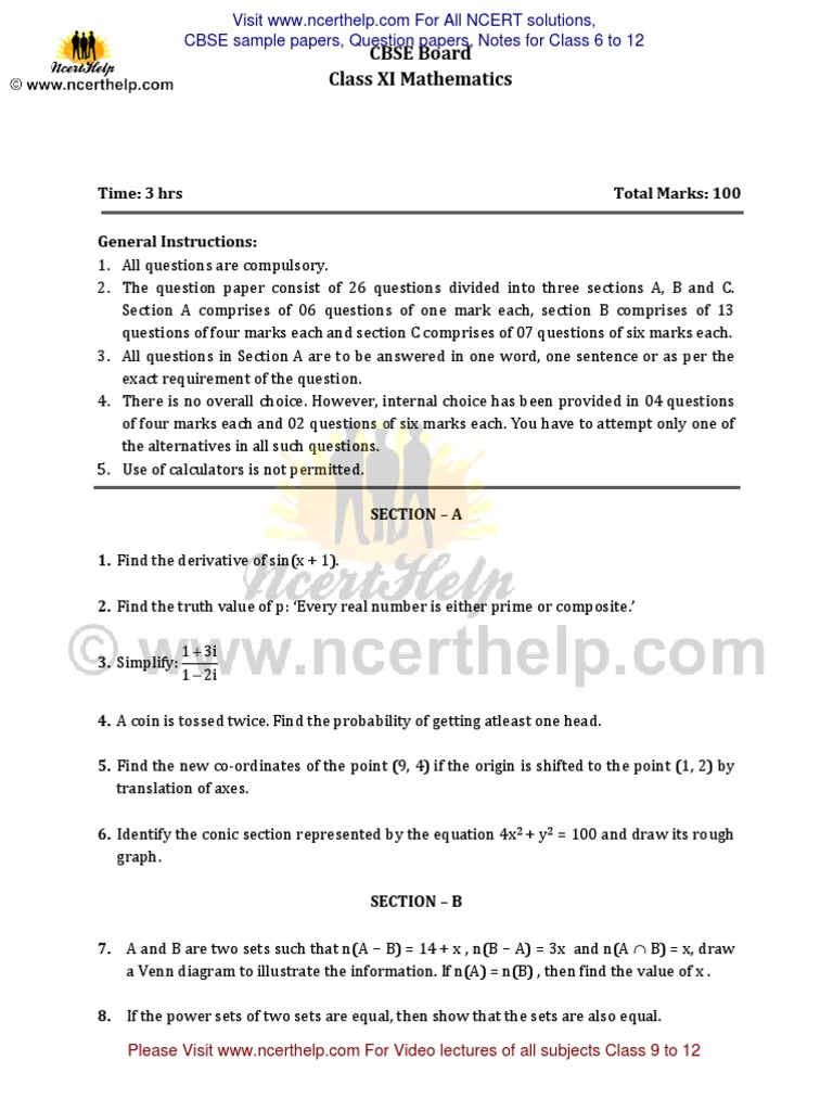 CBSE Board Class XI Mathematics: Time: 3 Hrs Total Marks: 100 ...