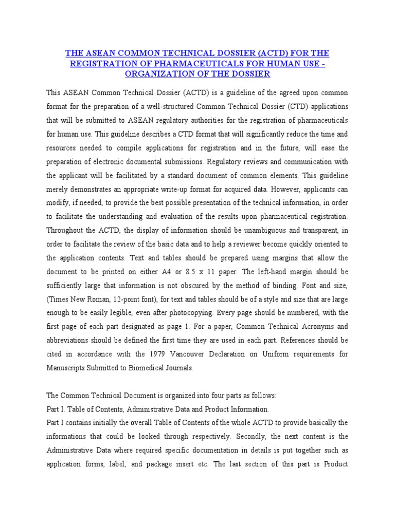 The Asean Common Technical Dossier (Actd) For The Registration of ...