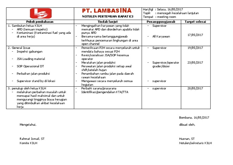 Notulen Safety Meeting Pt. Lambasina | PDF