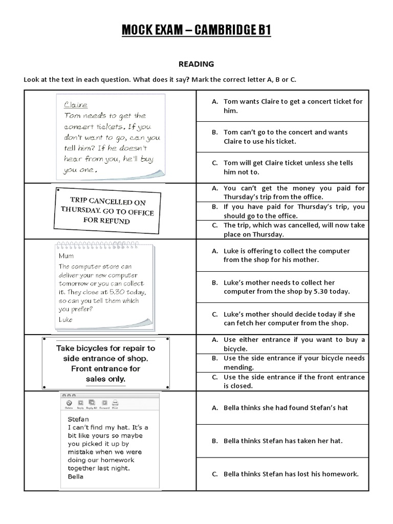 Mock Exam - Cambridge B1: Reading | PDF
