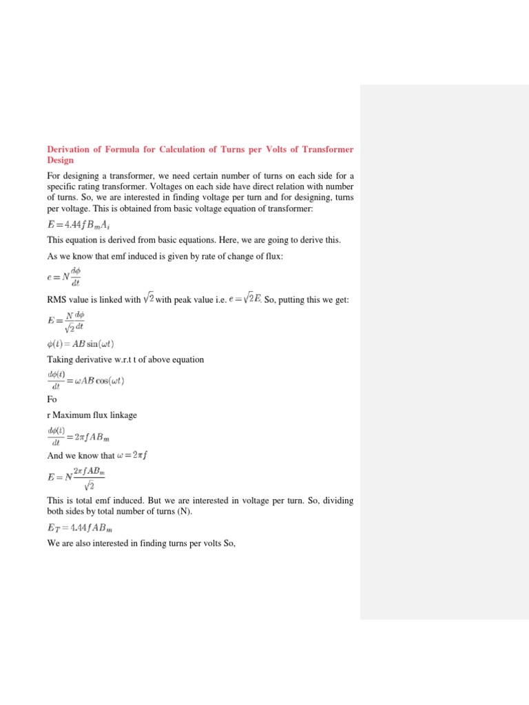 Transformer Turns Calculation Formula | PDF | Transformer | Electricity