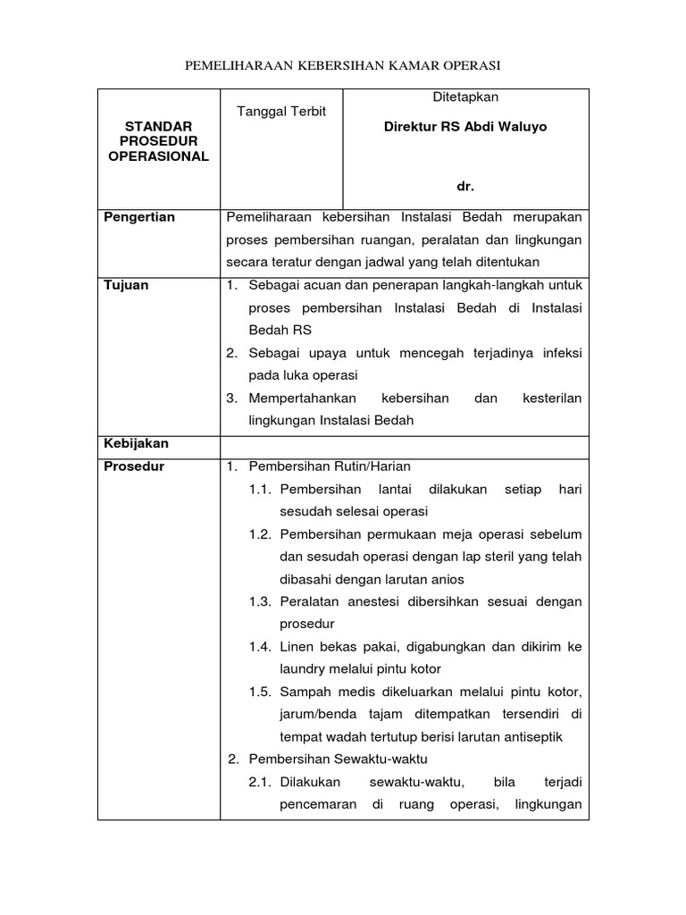 Spo Pemeliharaan Kebersihan Kamar Operasi | PDF