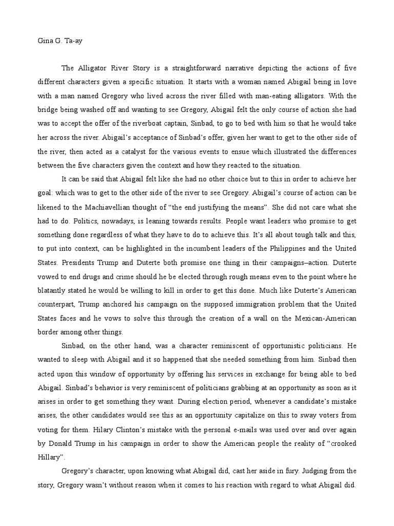 The Alligator River Story Reaction Paper | PDF | Hillary Clinton ...