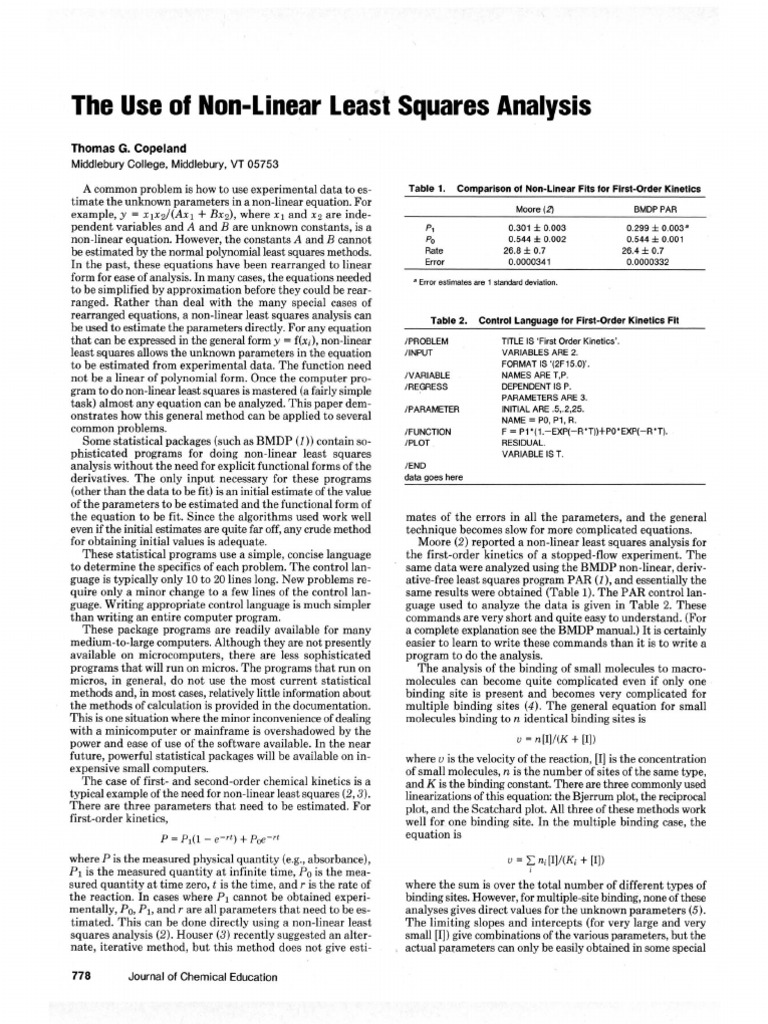 Non Linear Least Squares Analysis For Estimating Unknown Parameters Pdf Errors And Residuals