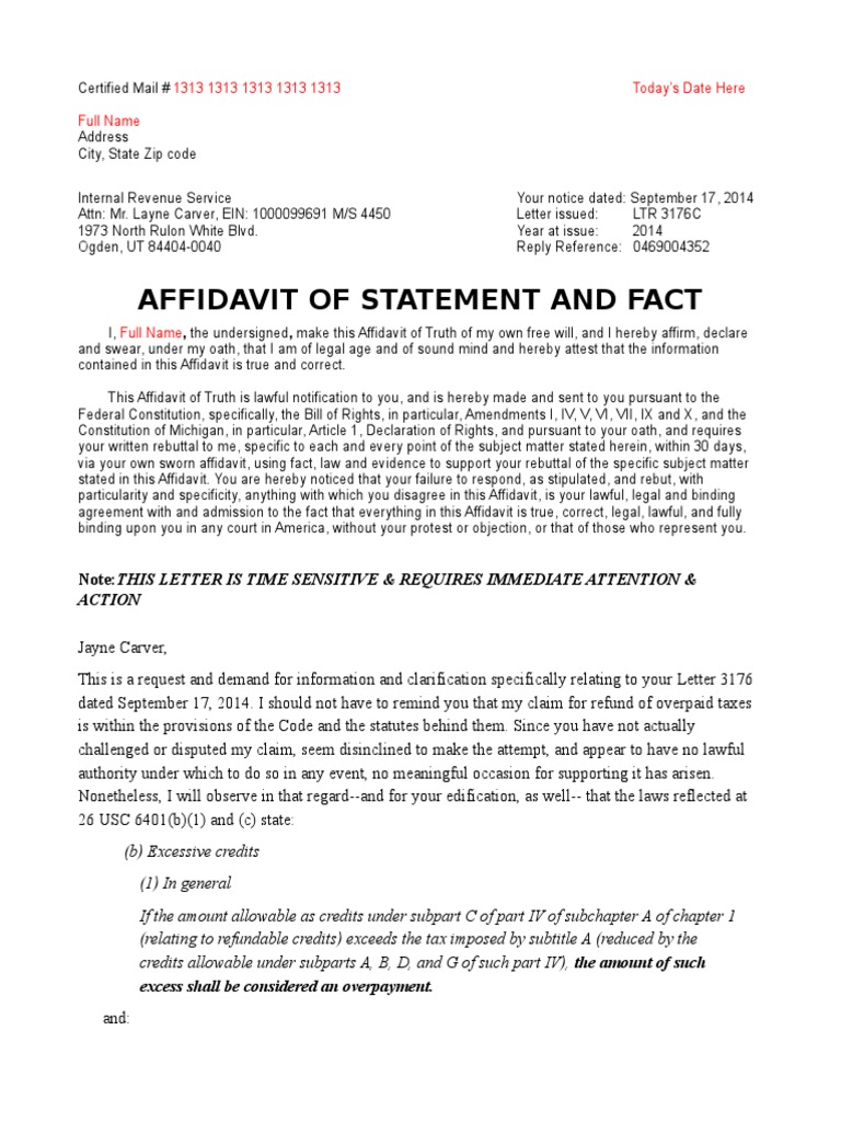 Frivolous Letter Template - 3176c | PDF | Affidavit | Internal Revenue ...