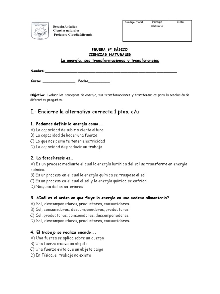 6º Basico Prueba La Energía Transformaciones y Transferencias Hoja ...