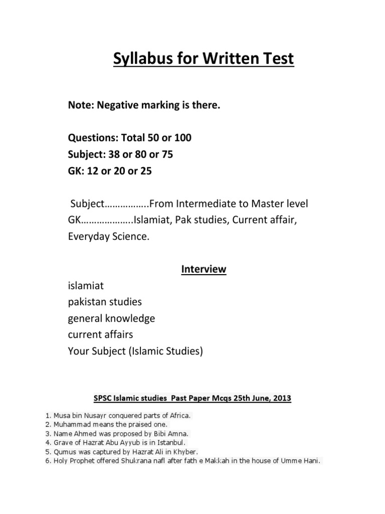 Syllabus For Written Test: Questions: Total 50 or 100 Subject: 38 or 80 ...