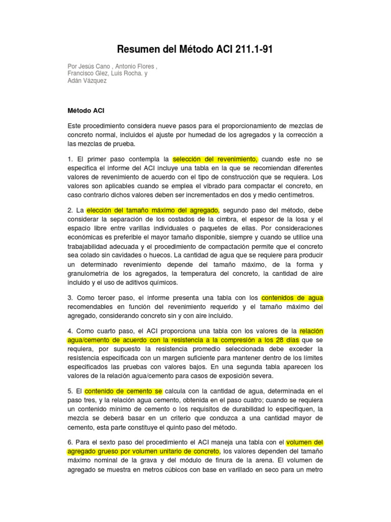 Resume Del Metodo ACI 211.1 PDF | PDF | Hormigón | Cemento