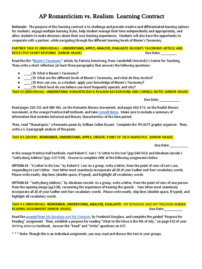 Ap Romanticism and Realism Learning Contract | PDF | Mark Twain ...