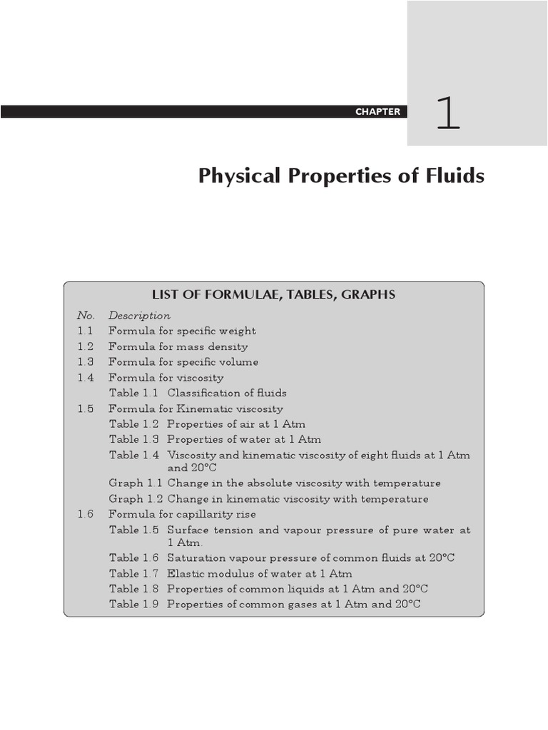 Physical Properties of Fluids: List of Formulae, Tables, Graphs | PDF ...