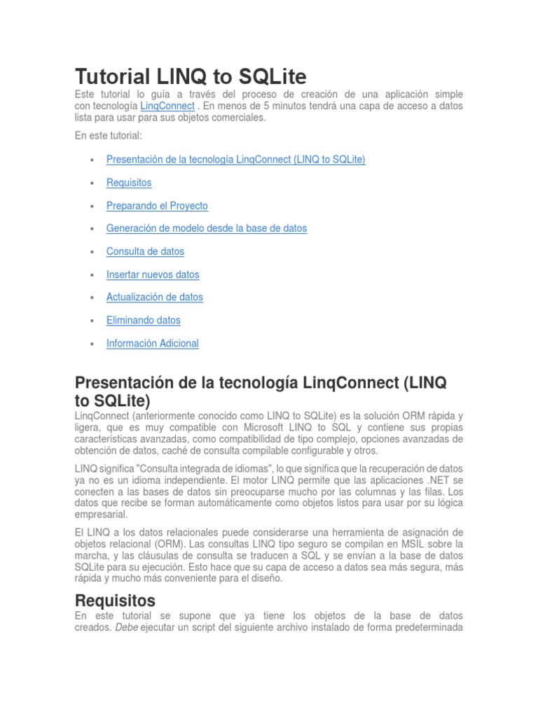 Tutorial LINQ To SQLite | PDF | Consulta integrada de idiomas | SQL