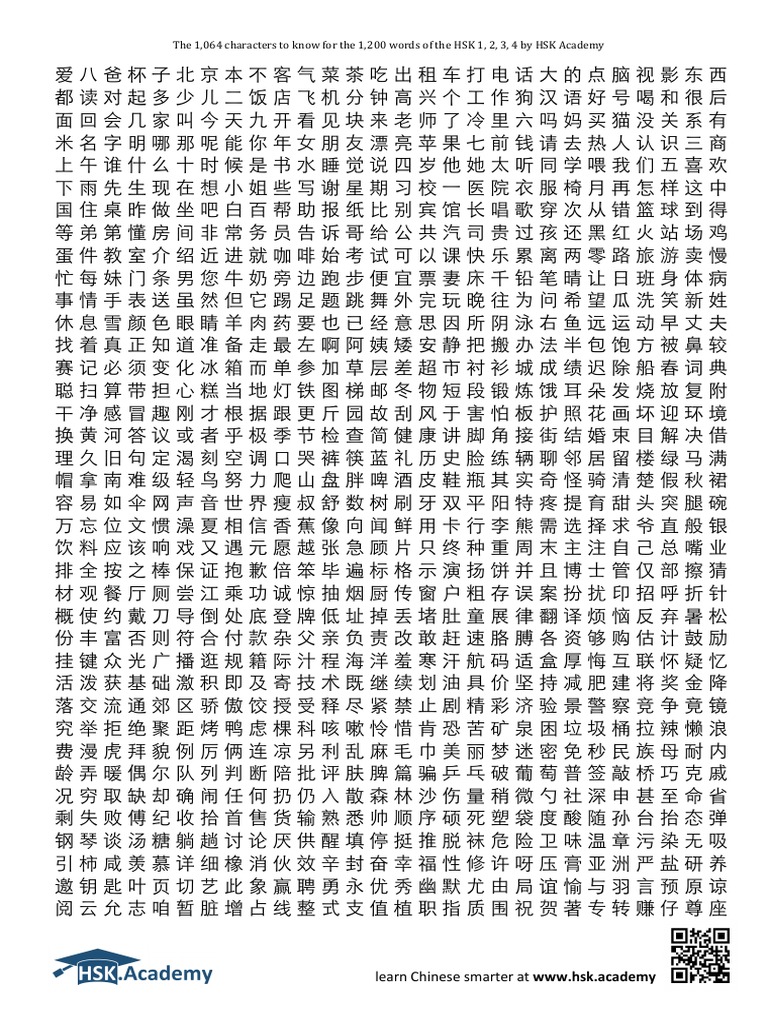 The 1,064 Chinese characters for the 1,200 HSK 1-4 vocabulary words | PDF