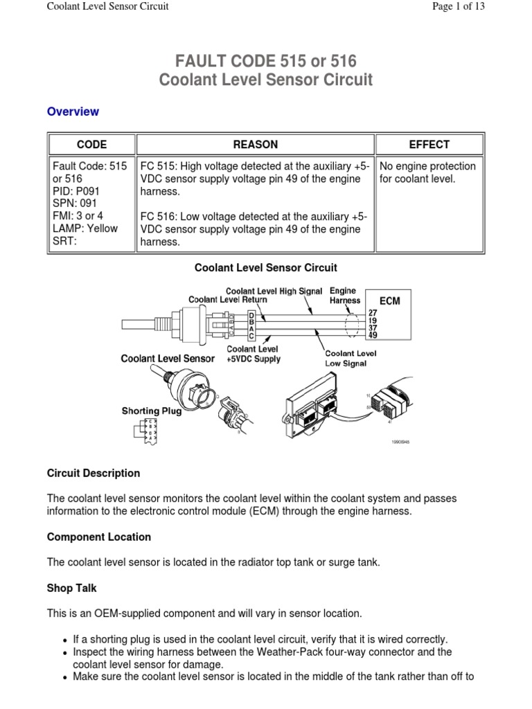 Fault Code 515 or 516 Coolant Level Sensor Circuit | PDF ...
