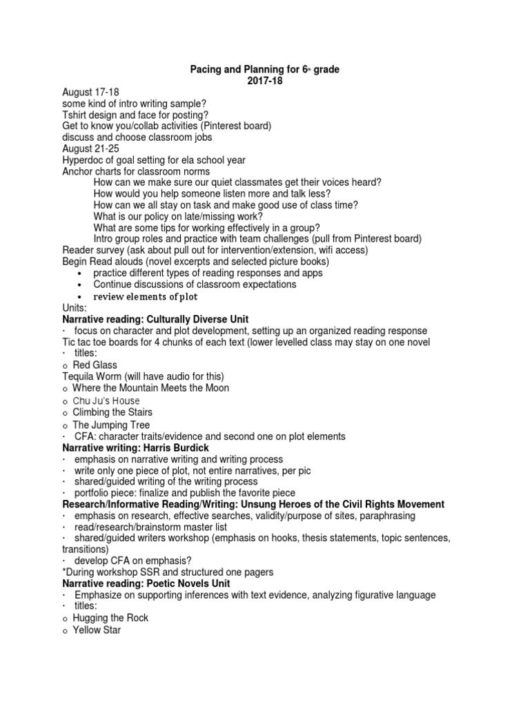 Pacing and Planning For 6th Grade | PDF | Narrative | Reading (Process)