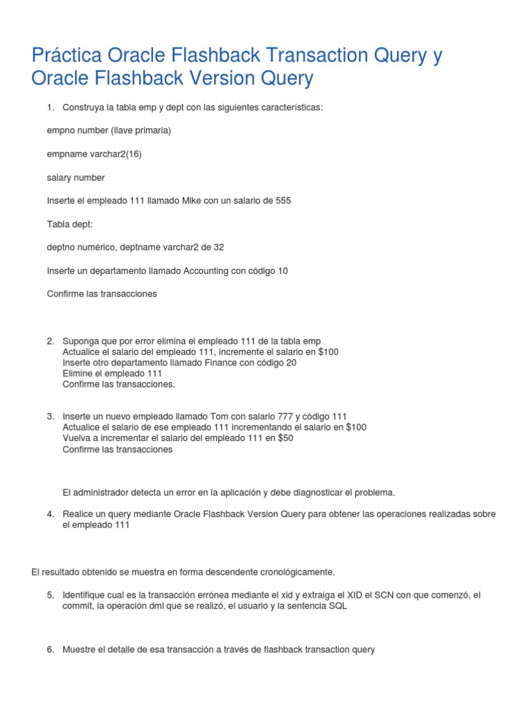 Practica Oracle Flashback Transaction Query Y Oracle Flashback Version Query Pdf Computadoras 