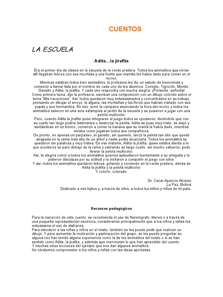 Cuentos Sobre La Escuela Pdf Gatos Dibujo