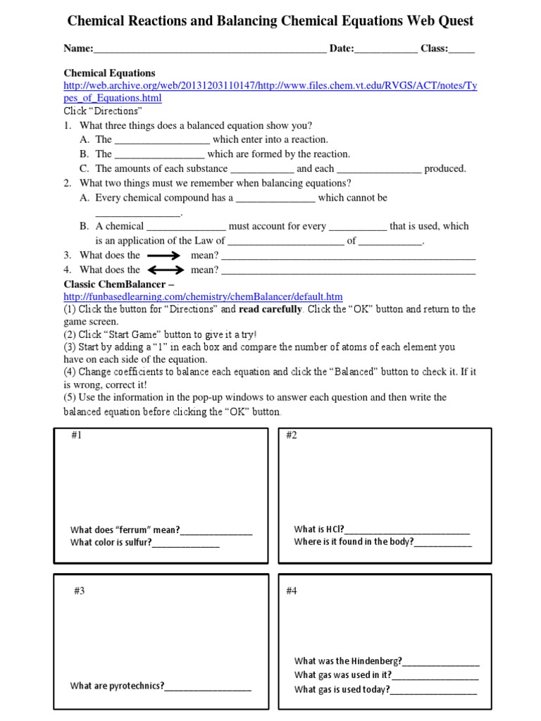 Chemical Reactions and Balancing Chemical Equations Web Quest 1 | PDF ...
