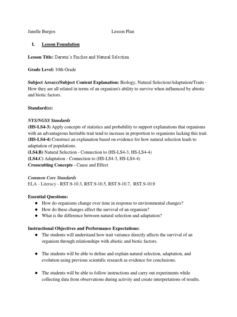 Lesson Plan #1 | PDF | Natural Selection | Adaptation