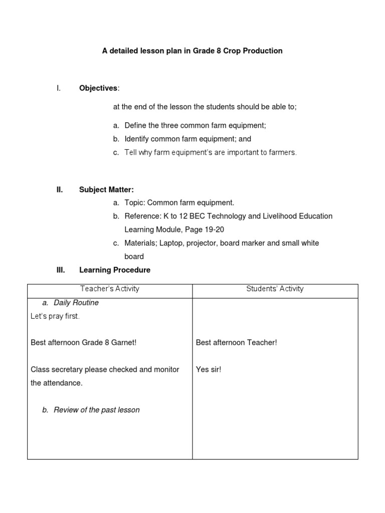 Grade 8 Lesson Plan: Farm Equipment | PDF | Agricultural Machinery ...