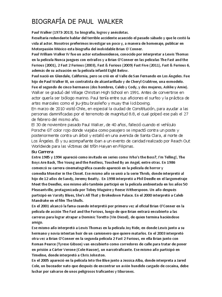 Biografía de Paul Walker | PDF | Cine | Ocio