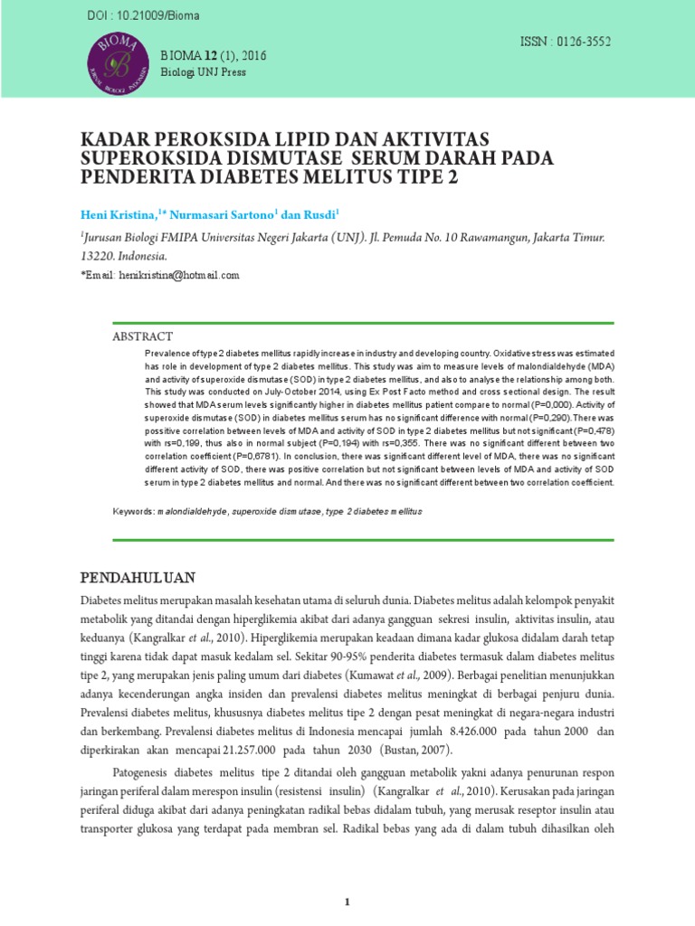 Kadar Peroksida Lipid Dan Aktivitas Superoksida Dismutase Serum Darah ...