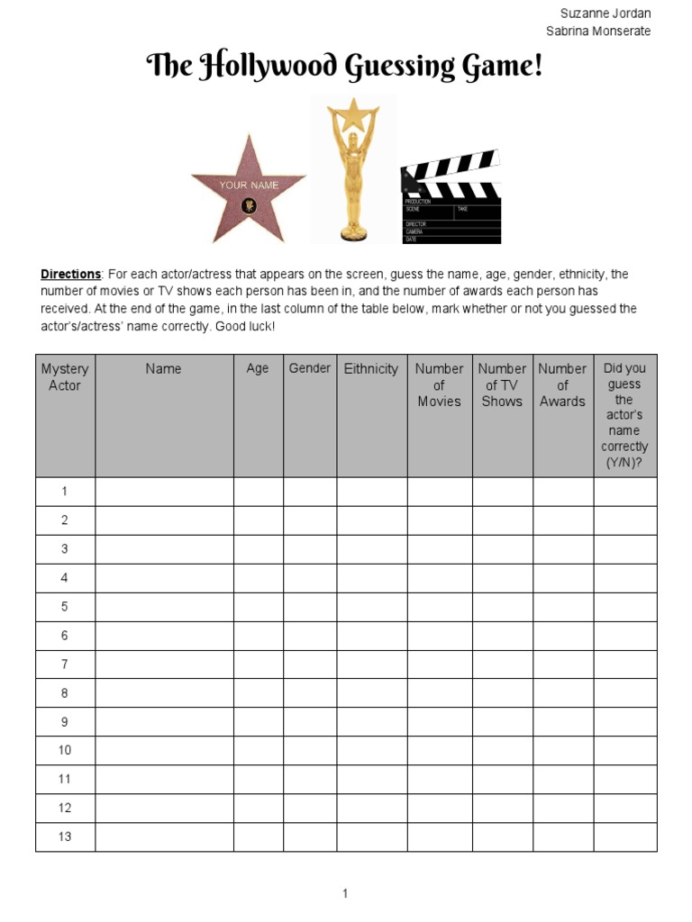 00 Student Worksheet - The Hollywood Guessing Game | PDF | Leisure