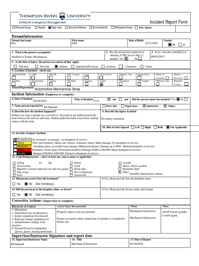 Incident Report Form: Personal Information | PDF | Personal Protective ...
