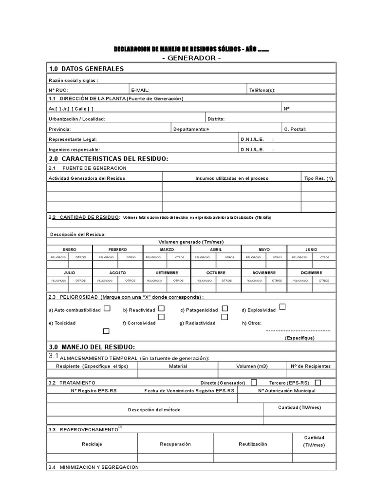 Formato de Declaracion de Manejo de Residuos Solidos | Reciclaje | Residuos