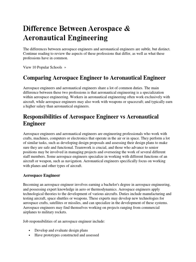 Difference Between Aerospace Pdf Aerospace Engineering Engineer