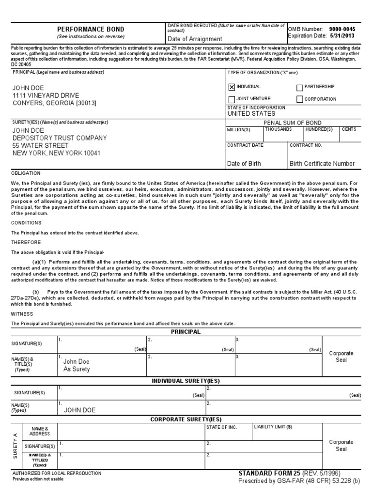 Performance Bond SF25 | Surety Bond | Government Information