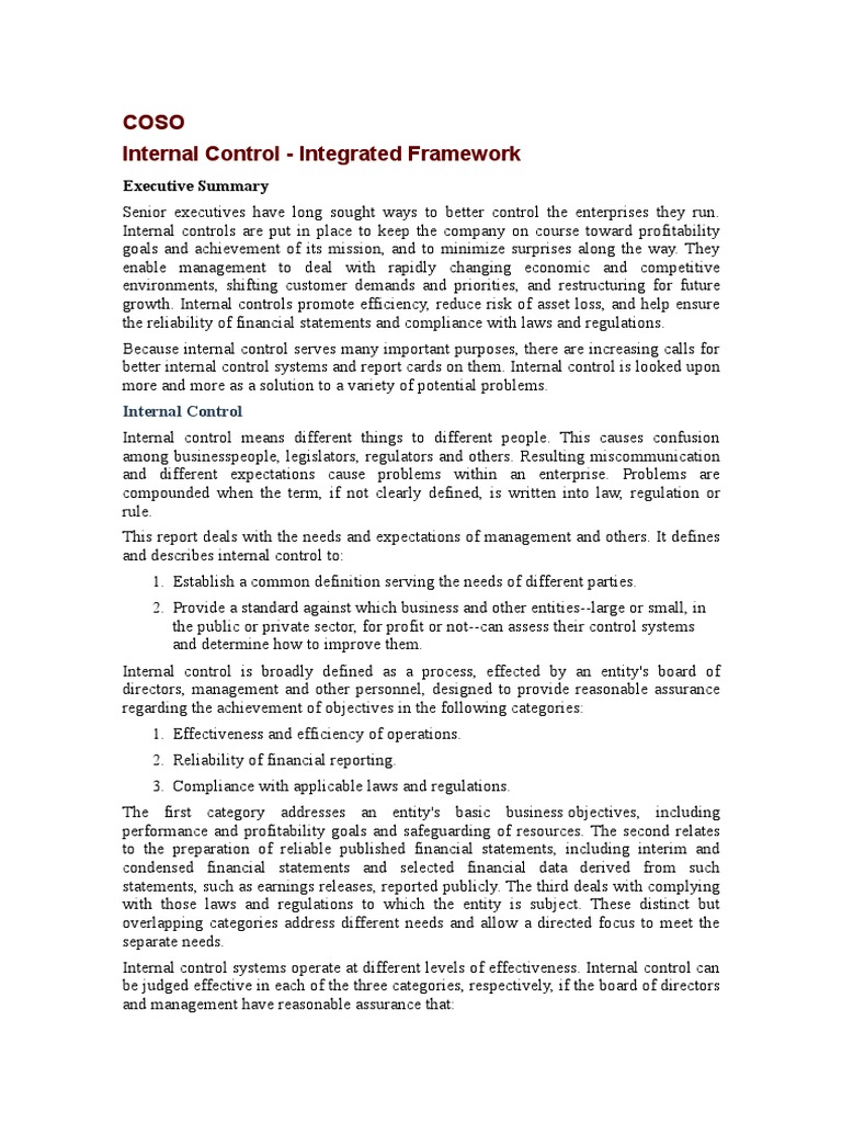 Coso - Internal Control Integrated Framework | PDF | Internal Control ...