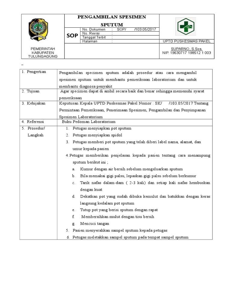 Sop Pengambilan Spesimen Sputum | PDF