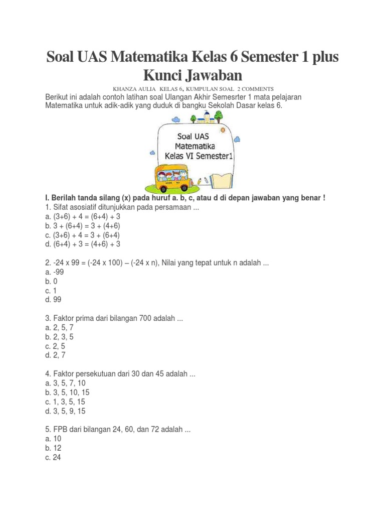 Soal UAS Matematika Kelas 6 Semester 1 Plus Kunci Jawaban OK | PDF