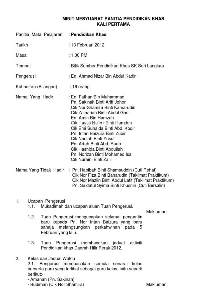 Minit Mesyuarat Panitia Pendidikan Khas | PDF