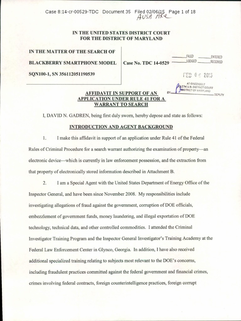 Affidavit in support of an application under rule 41 for a warrant to ...
