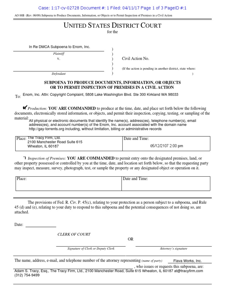 Civil Subpoena to Produce Documents | PDF | Subpoena | Discovery (Law)