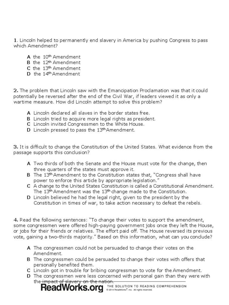 Lincoln and The 13th Amendment Questions | PDF | Thirteenth Amendment ...