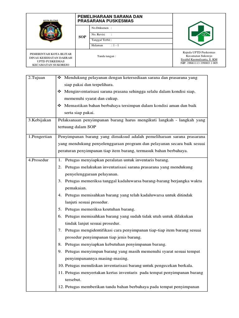 SOP Pemeliharaan Puskesmas | PDF