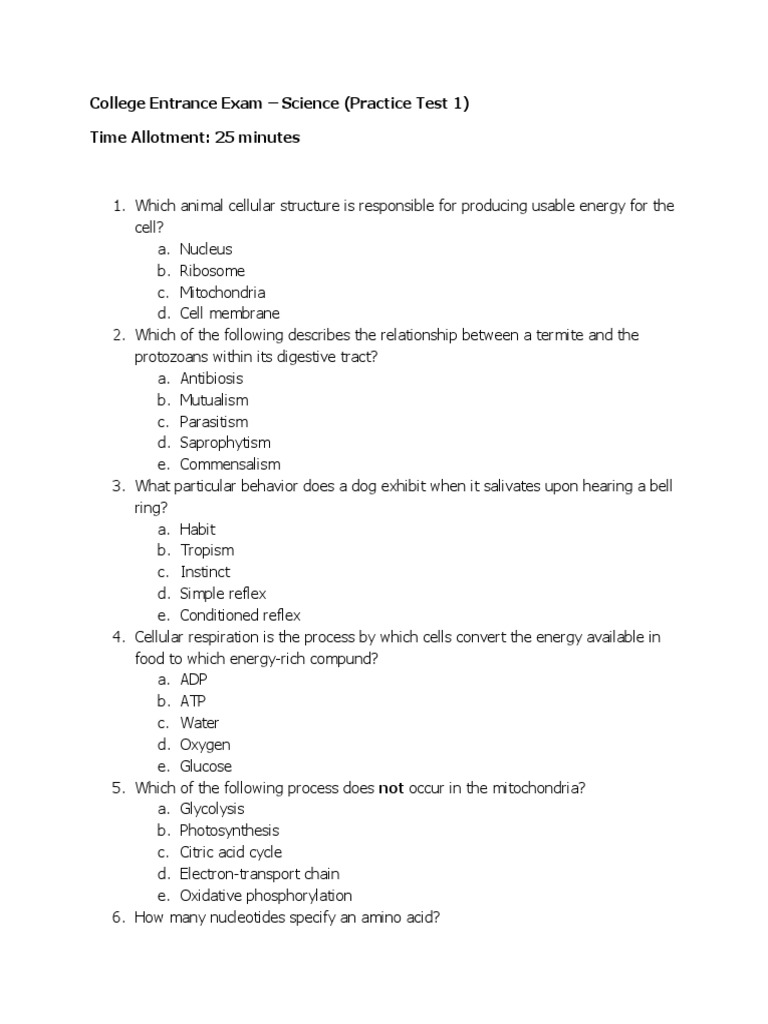 College Entrance Exam Practice Test 1 | PDF | Gases | Mitochondrion