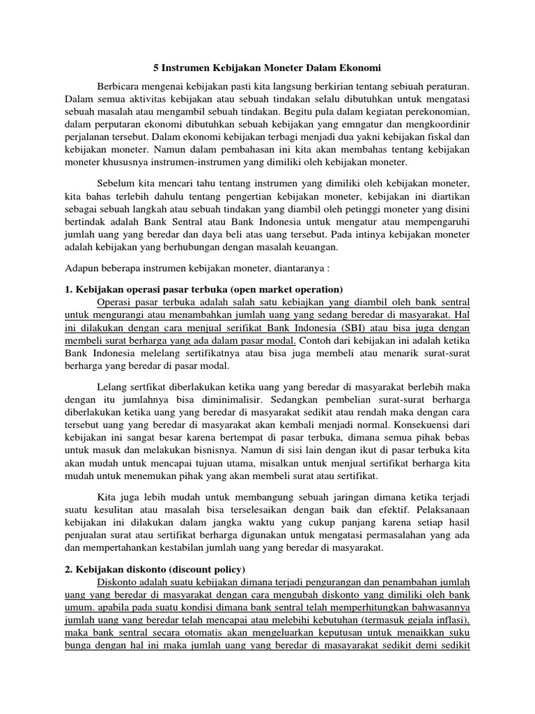 5 Instrumen Kebijakan Moneter Dalam Ekonomi | PDF