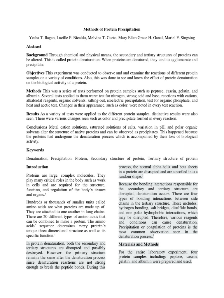 Protein Precipitation Techniques Overview | PDF | Denaturation ...